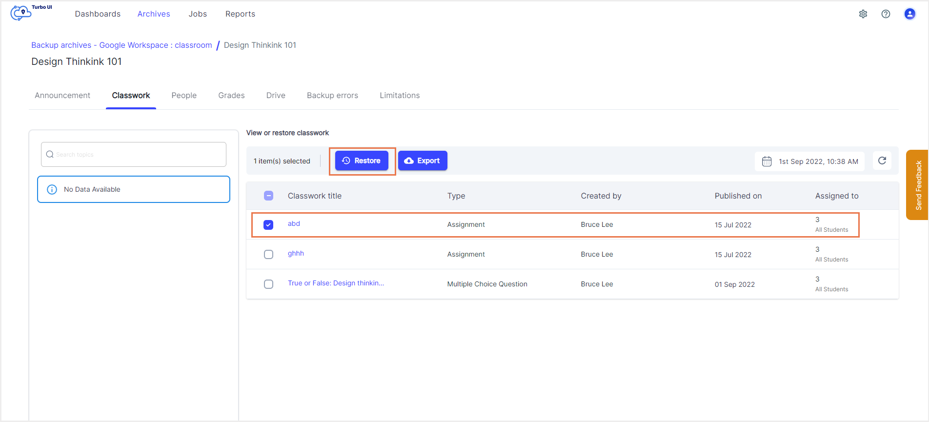 How to restore the Google Classroom Classwork data from the SysCloud backup application?